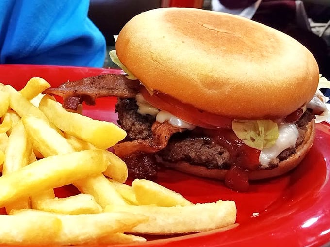This isn't just any burger—it's the kind that requires a strategic approach and possibly an extra napkin or three.