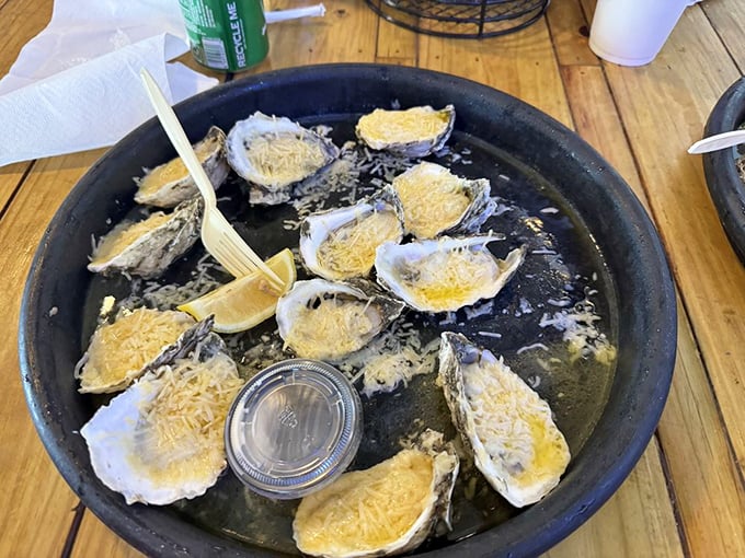 Baked oysters with melted cheese—where decadence meets the sea. Like little hot tubs of flavor that make you forget your table manners.