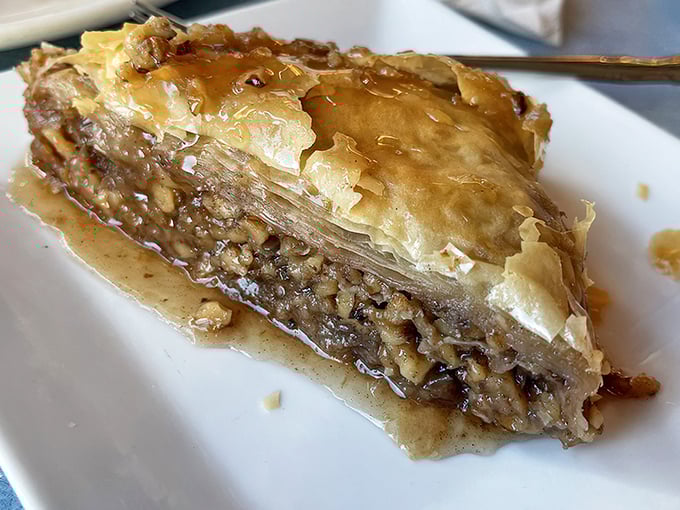 Baklava that doesn't just flake—it shatters your expectations with layers of phyllo, honey, and nuts telling a sweet story with every bite.