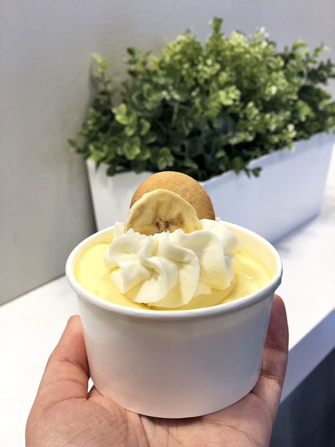 Banana pudding that deserves its own zip code. That vanilla wafer perched on top is like the cherry on a sundae—the perfect finishing touch.