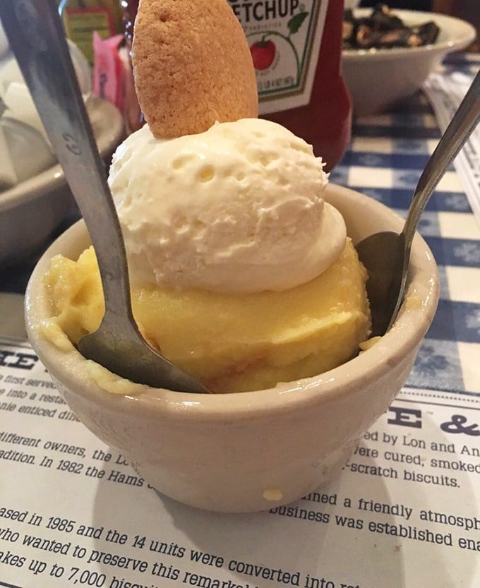 This banana pudding isn't just dessert—it's a spiritual experience in a ramekin, topped with a vanilla wafer like a cherry on Southern nostalgia.