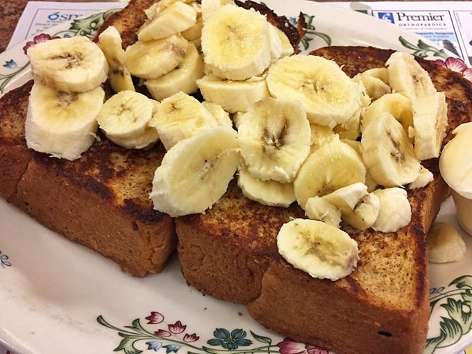 French toast that's merely a vehicle for banana delivery. This breakfast masterpiece proves that fruit can indeed be dessert at any hour.