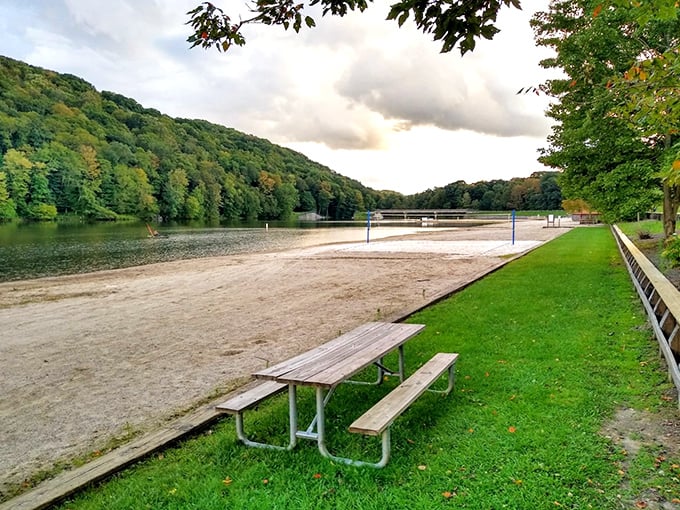 Beach volleyball meets mountain backdrop - because even recreational sports deserve scenic upgrades here.