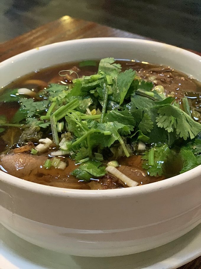 This isn't just soup—it's a broth that's clearly been simmering since before your last birthday, topped with fresh cilantro that brightens everything it touches.