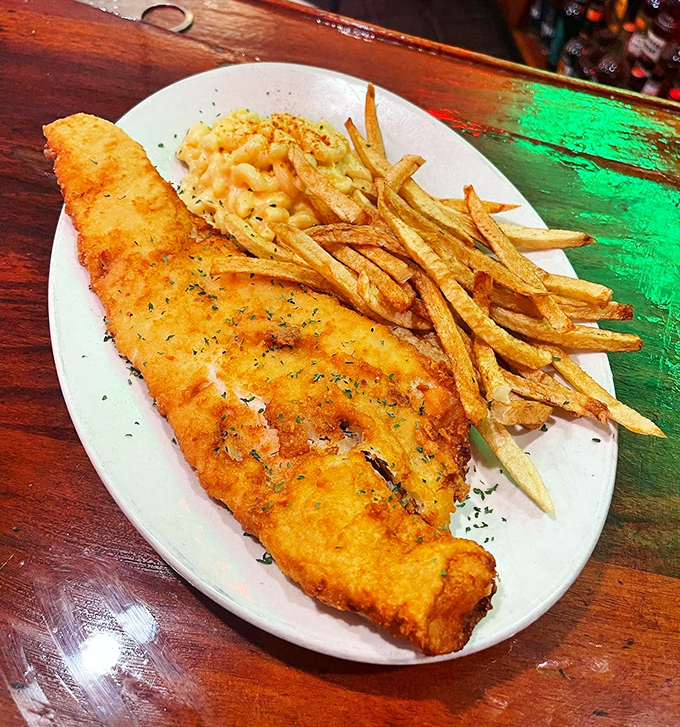 Fish so perfectly golden-fried it deserves its own trophy. The mac and cheese sidekick isn't playing second fiddle—it's conducting its own creamy orchestra.