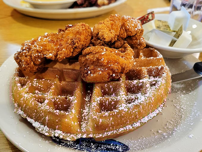 Chicken and waffles: where breakfast and lunch stopped arguing and decided to create culinary harmony that would make Mozart weep. 