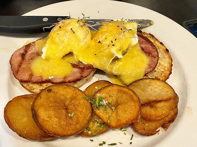 Eggs Benedict that would make the Pope jealous—perfectly poached eggs performing a high-wire balancing act atop Canadian bacon with hollandaise for days.