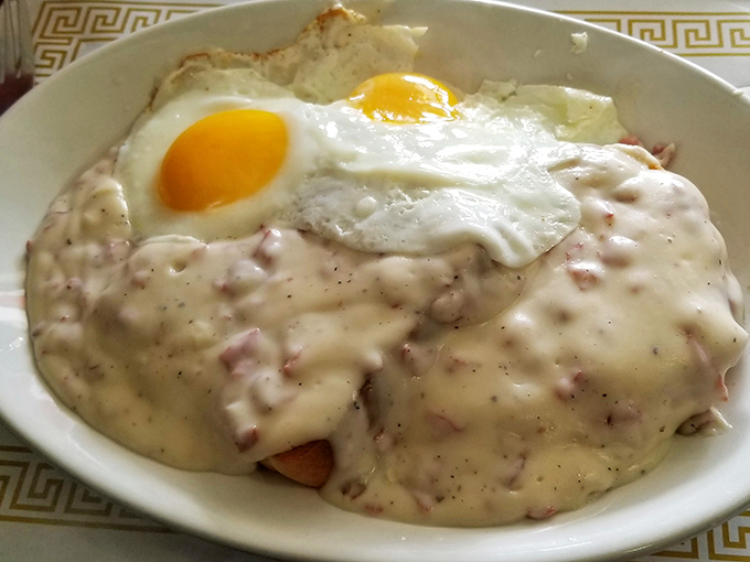Biscuits and gravy topped with a sunny-side-up egg—comfort food that hugs your soul. The pepper specks in that gravy promise flavor that grandma would approve of.