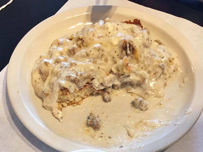 Biscuits and gravy that would make your grandmother both proud and jealous—a creamy, peppery blanket of comfort food perfection.
