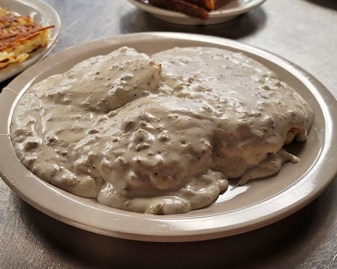Biscuits and gravy so comforting, they could end international conflicts. This plate doesn't just feed your body—it hugs your soul.