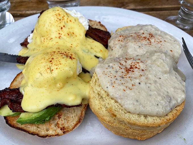 The "Best of Both Worlds" isn't just a dish—it's a philosophy. Benedict meets biscuits and gravy in a breakfast summit that solves all morning dilemmas.