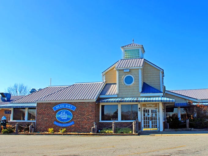 Blue Bay Seafood's nautical-themed exterior promises ocean treasures in the foothills—proof that good seafood, like good retirees, can thrive far from the coast.
