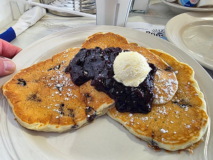 These blueberry pancakes with their perfect golden hue aren't just breakfast—they're edible sunshine topped with nature's purple jewels.