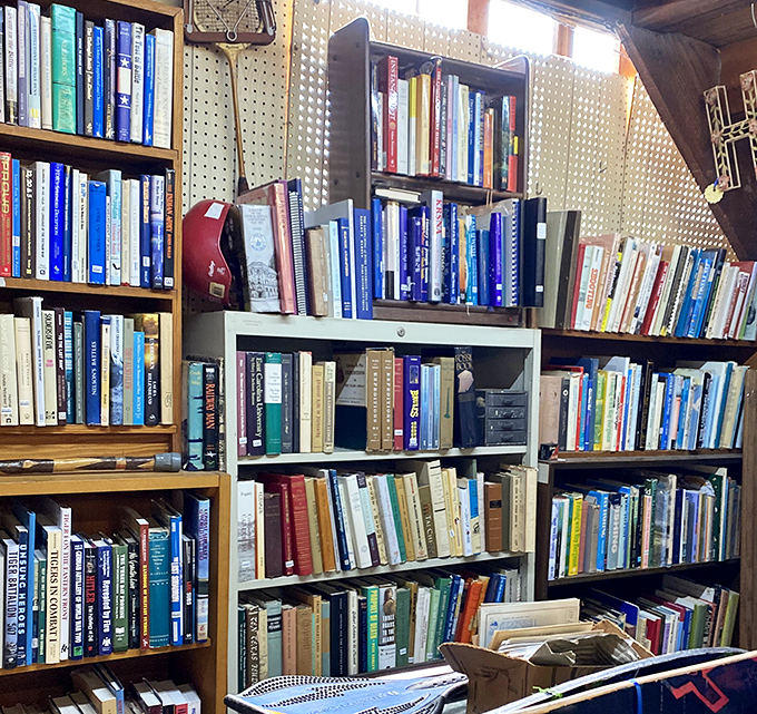 Books upon books—each shelf a different rabbit hole of knowledge. That red bookend is practically begging you to build a home library worthy of a British mystery.