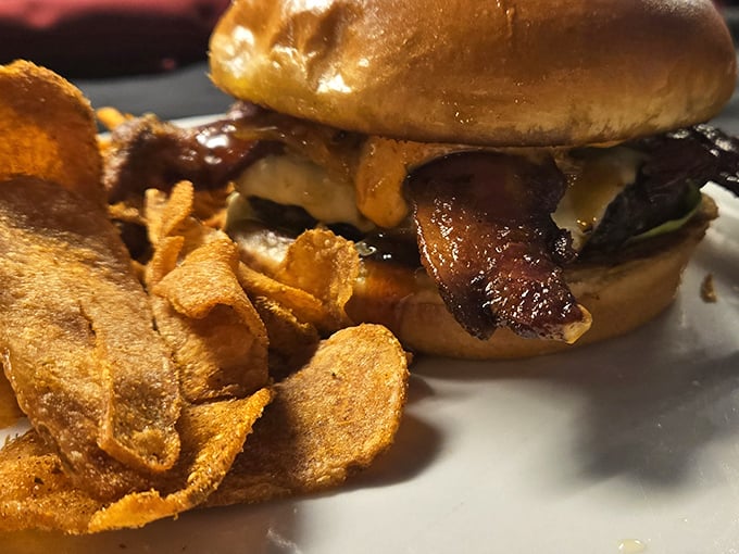 The legendary Bourbon Burger in all its glory—where sweet bacon marmalade meets smoky goodness in a relationship that was clearly meant to be.