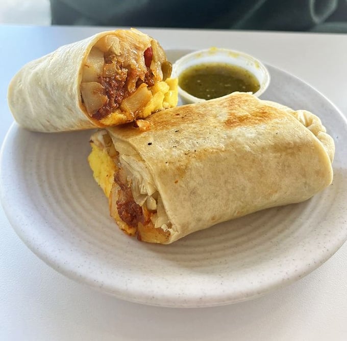 Breakfast burritos should always look this good – a golden-grilled package with chorizo and eggs that's practically begging to be unwrapped.