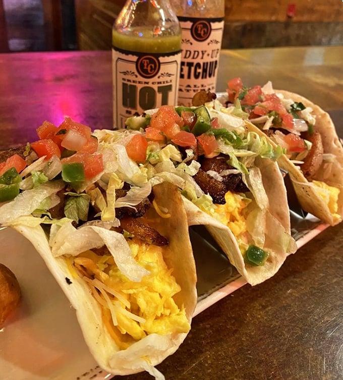 Breakfast tacos that bring the band together – eggs, cheese, and veggies performing in perfect harmony under the spotlight of fresh salsa.