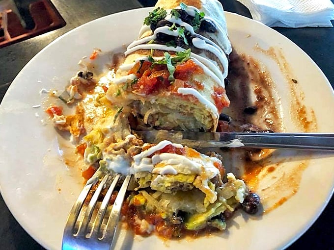 This burrito isn't just a meal, it's an event—layers of flavor wrapped up like the culinary equivalent of your favorite album where every track is a hit.