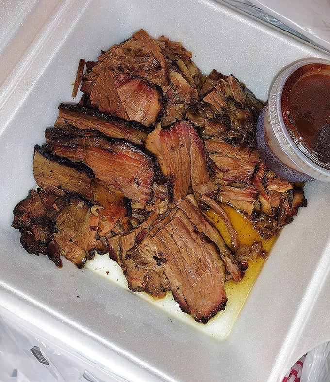 Brisket that doesn't need fancy plating to impress—just a container sturdy enough to hold all that smoky, tender glory.