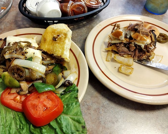 This isn't just lunch; it's a Midwest symphony – sautéed peppers and onions dancing with tender brisket on a plate that screams "comfort food masterpiece."