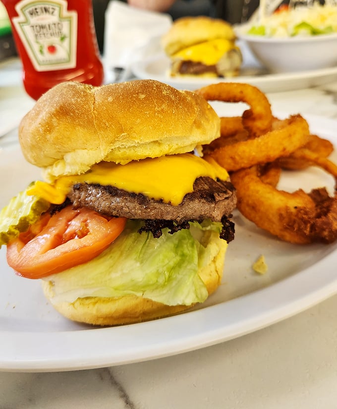 This isn't just a burger – it's edible architecture. Notice how that melted cheese drapes perfectly over the patty like a yellow security blanket.