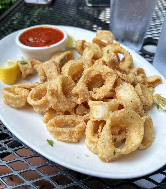 Golden, crispy calamari that shatters with each bite – the perfect vehicle for that bright marinara sauce waiting on the sidelines.