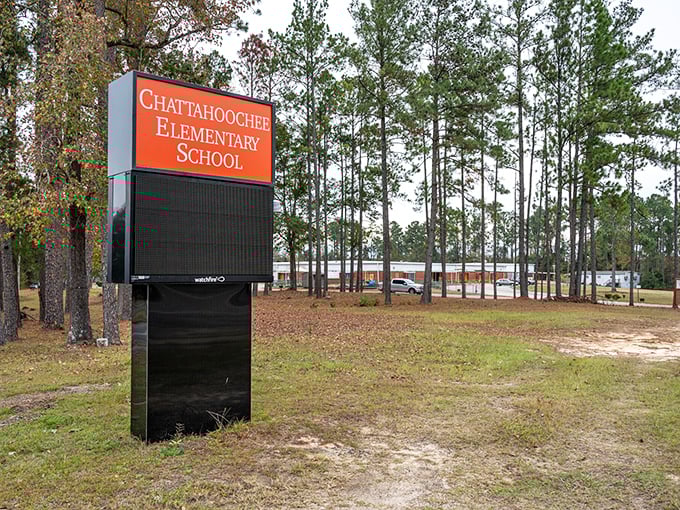 Chattahoochee Elementary School nurtures the town's future amid towering pines – where education happens with the bonus of natural surroundings.