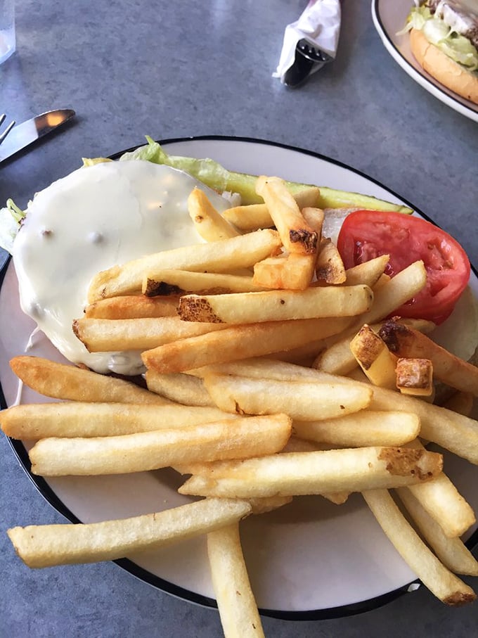 This isn't just a cheeseburger—it's a masterpiece of melted cheese cascading over a juicy patty, with crispy fries standing at attention.