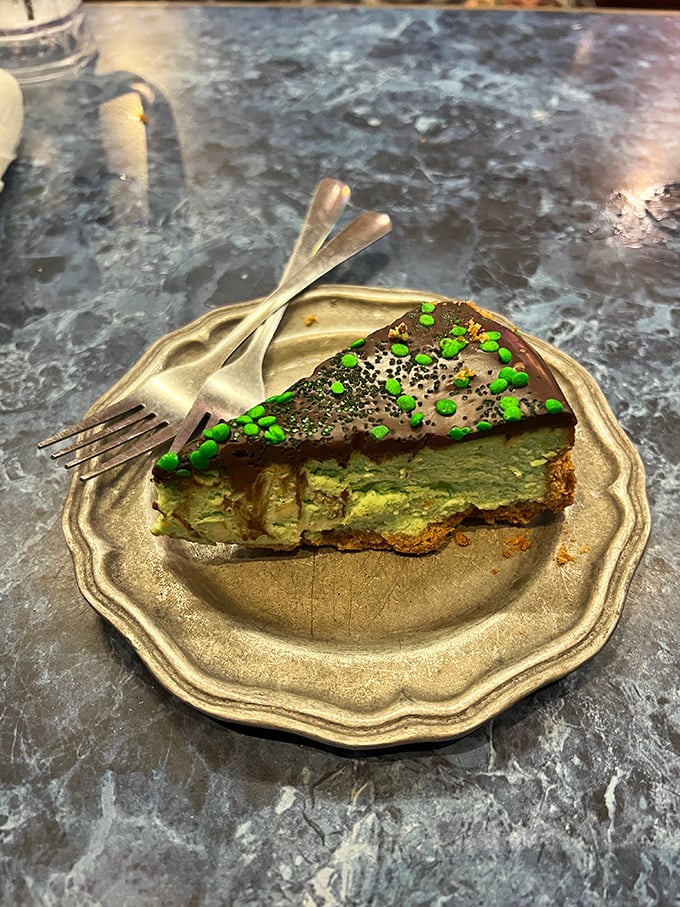 Key lime pie with a chocolate twist—Florida's classic dessert dressed up for a night on the town. Those green sprinkles add whimsy to serious flavor.
