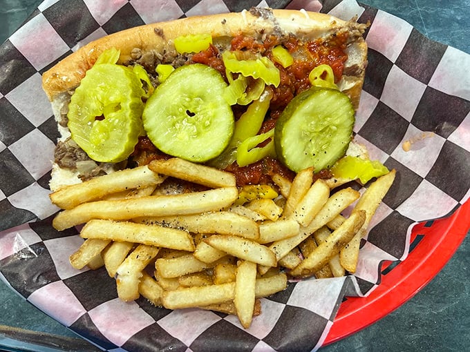 This isn't just a sandwich—it's Allentown's answer to Philadelphia, with pickles standing guard over perfectly crisp fries on their signature checkered paper.