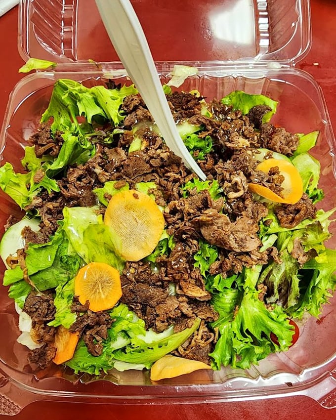 When you're trying to be "healthy" but can't resist Peppi's—a steak salad that makes lettuce feel like it won the vegetable lottery.