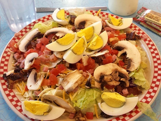 This isn't just a salad—it's a protein party with hard-boiled eggs playing host to mushrooms, tomatoes, and all the fixings.