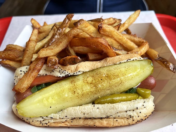 The Chicago-style hot dog – a symphony of toppings where ketchup dare not tread. That pickle spear isn't just garnish; it's structural engineering at its finest.