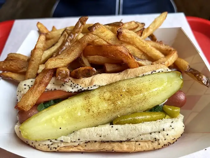 The Chicago-style hot dog – a symphony of toppings where ketchup dare not tread. That pickle spear isn't just garnish; it's structural engineering at its finest.
