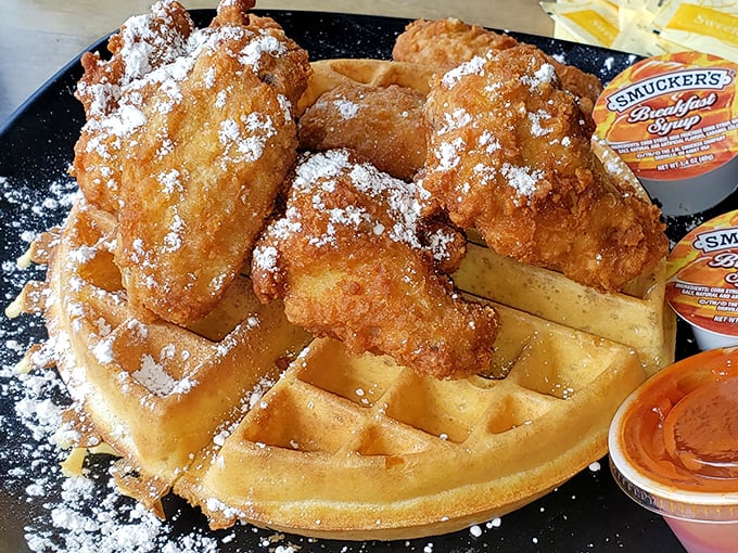 Chicken and waffles: the breakfast equivalent of a mullet – business on the bottom, party on top, delicious all around.