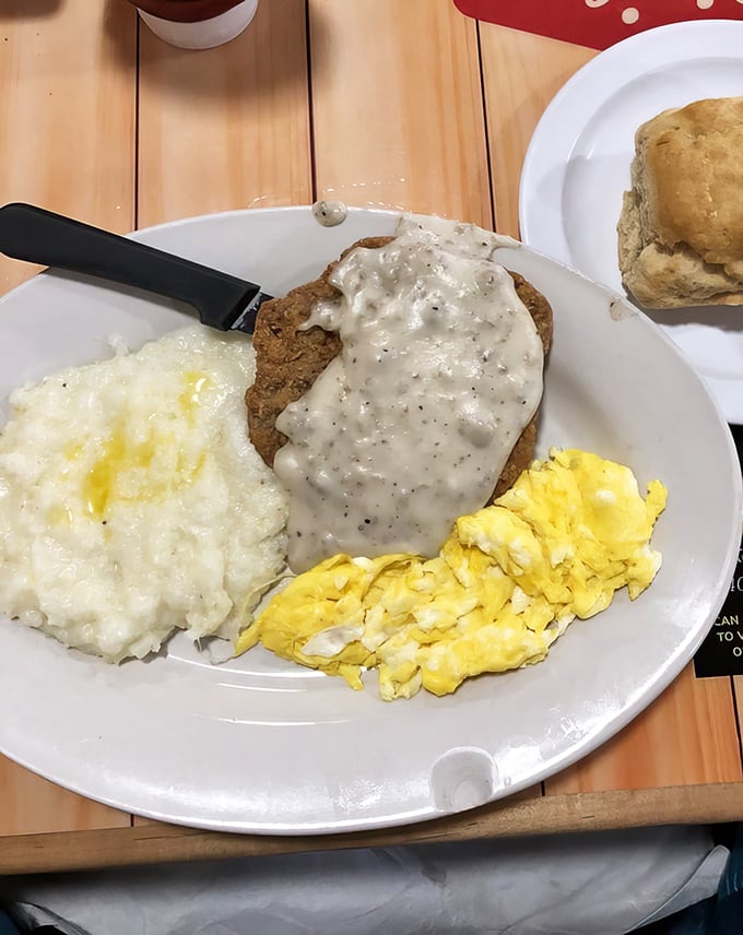 Country fried steak so tender it practically cuts itself, topped with gravy that could make angels weep tears.