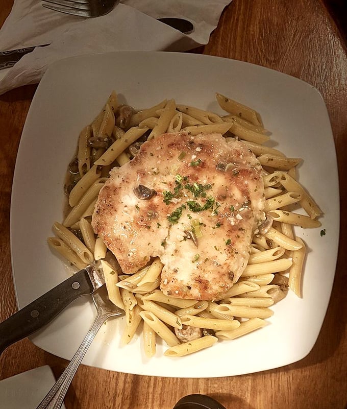 Chicken Marsala over pasta—comfort food elevated to an art form. The sauce alone would make a perfectly acceptable beverage if society didn't frown on such behavior.