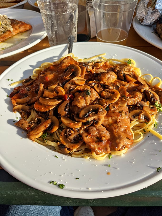 Mushrooms doing the backstroke in marsala sauce atop perfectly sautéed chicken. This plate of linguine heaven proves Pennsylvania knows Italian cuisine.