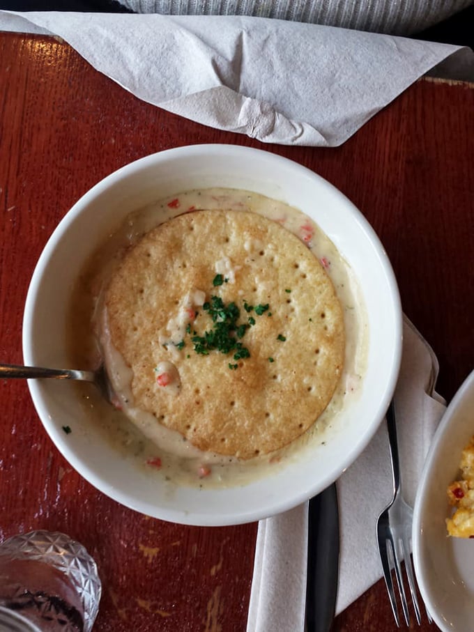 Behold the chicken pot pie—comfort in a bowl with a buttery cracker floating atop like a life raft on a sea of creamy goodness.
