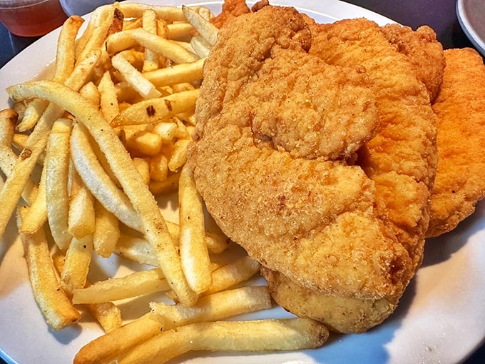 Fried chicken that shatters with each bite, paired with fries so perfectly golden they deserve their own Florida sunshine metaphor.