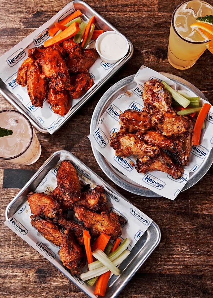 Wing platters that could make a vegetarian weep with regret. These crispy, sauce-slathered beauties come with the traditional celery sticks—nature's way of pretending you're eating healthy.