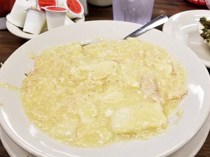 Chicken and dumplings so comforting they could end family feuds—a creamy cloud of Southern nostalgia served on classic diner china.