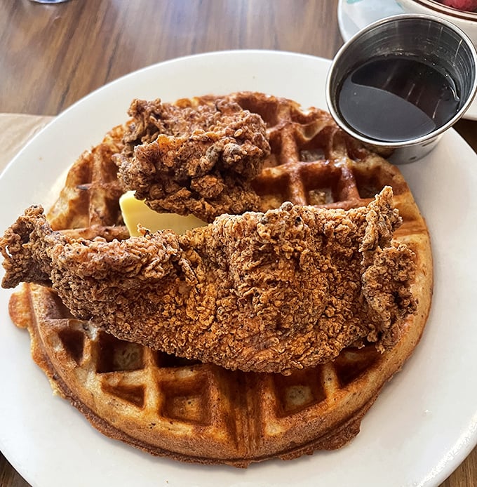 Chicken and waffles: the breakfast-lunch alliance that proves opposites don't just attract – they create culinary magic that makes your taste buds stand up and applaud.