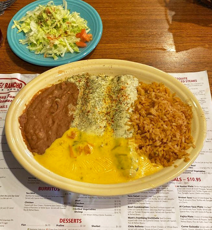 This isn't just a plate of enchiladas – it's a color wheel of Tex-Mex perfection. The queso blanket alone deserves its own love song.