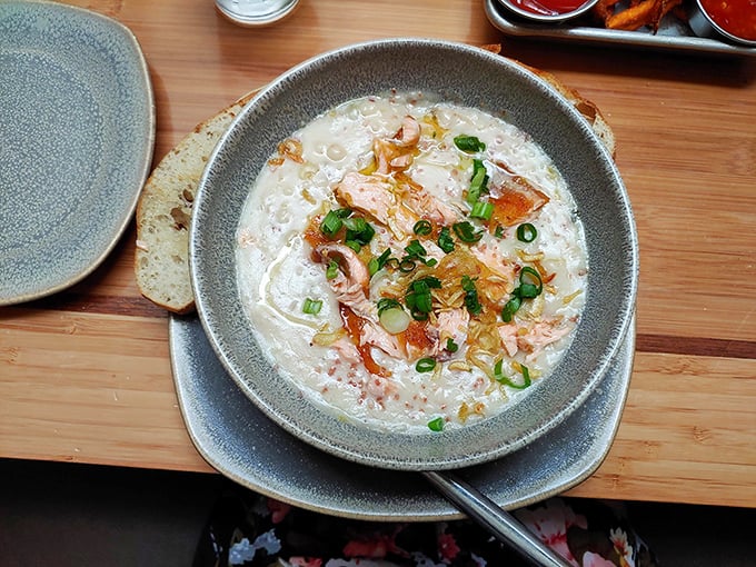 This isn't just chowder; it's a soul-warming bowl of oceanic comfort. The salmon adds a Pacific twist to this creamy classic—spoons up!