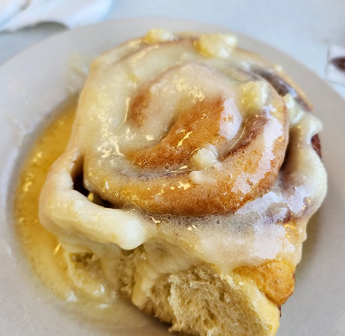 That cinnamon roll isn't just breakfast—it's dessert masquerading as a morning meal, glistening with icing that's practically winking at you.