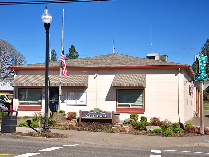 Lafayette's modest City Hall could easily be mistaken for a mid-century home – complete with awnings that seem borrowed from your grandparents' patio.