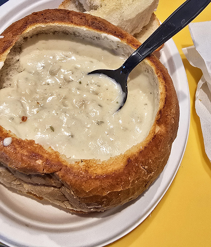 The legendary bread bowl—a fortress of sourdough protecting liquid gold. This isn't just soup; it's a California coastal tradition in edible form.