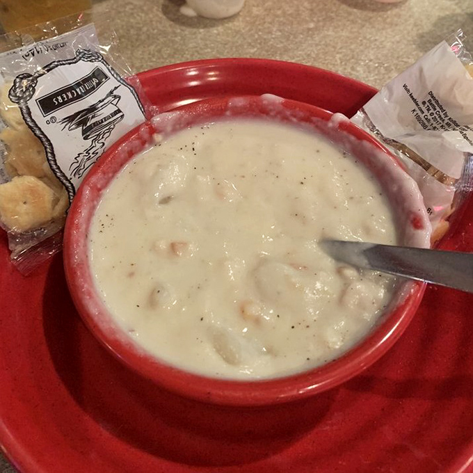 A proper New England clam chowder should stand up to the spoon test. This creamy masterpiece passes with flying colors.