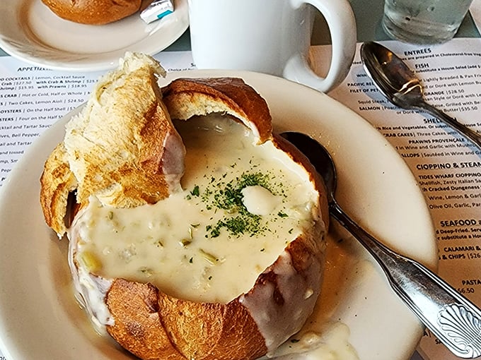 Not just soup, but a creamy clam chowder served in a sourdough bread bowl—the edible dish that keeps on giving.